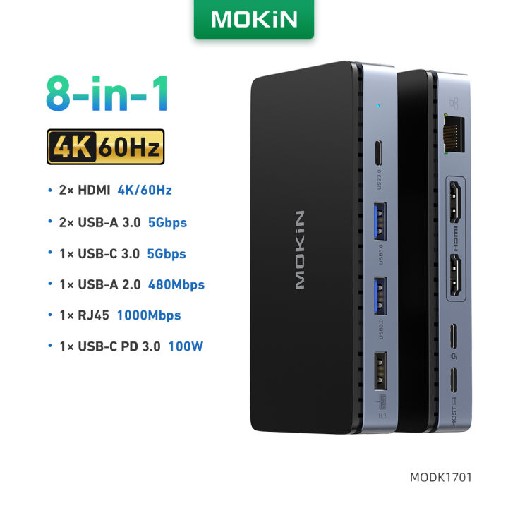 MOKiN 8 in 1 USB C Hub Docking Station USB C to Dual 4K HDMI Adapter ...