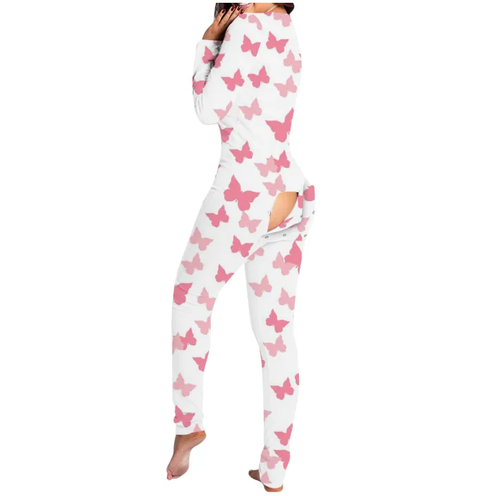 Women Full Body Pajama Sleepwear Jumpsuit Long Sleeve Butt Flap Romper ...