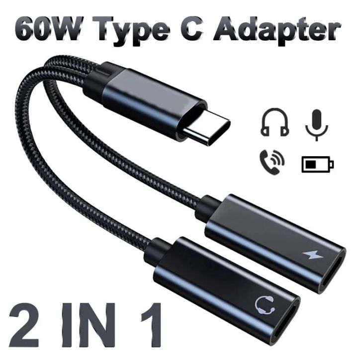 New 2 IN USB C Type C Splitter to Dual Type USB C Headphone Jack Audio Adapter Fast Charging 60W ...