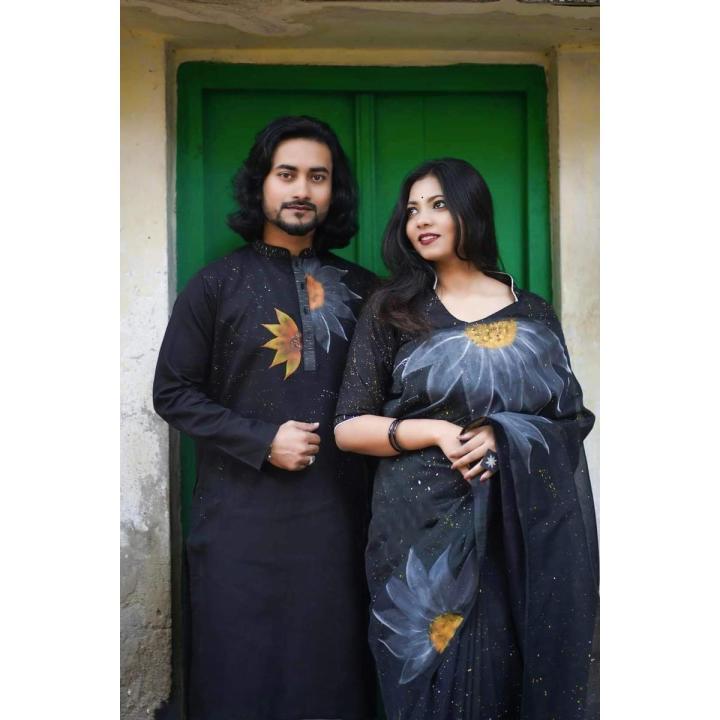Half Silk Hand Print Saree And Panjabi Couple Set (Saree & Panjabi) | Daraz.com.bd