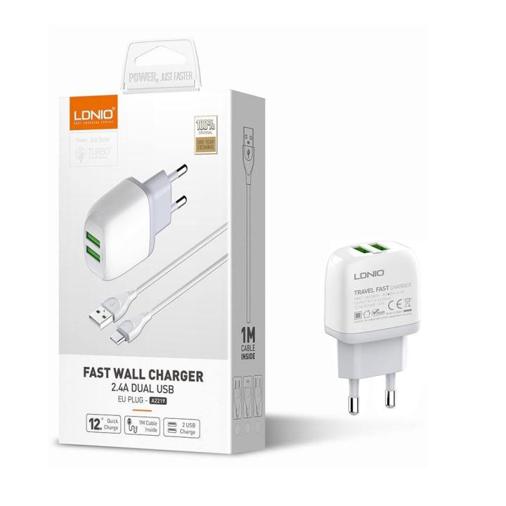 LDNIO A2219 Fast Charger 2.4A Dual USB Port Adapter With Data Cable | Daraz.com.bd