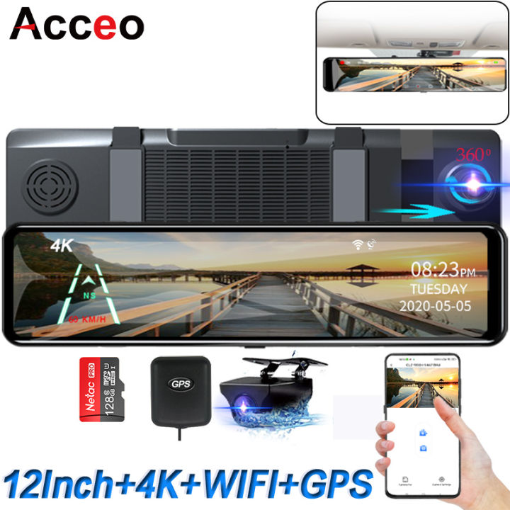 Acceo 4K WIFI Car DVR 12 Inch Touch RearView Mirror Video Recorder ...