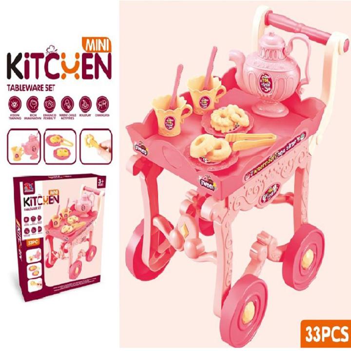Trolley tea set toy Mini Kitchen tableware Tea set afternoon snack cart ...