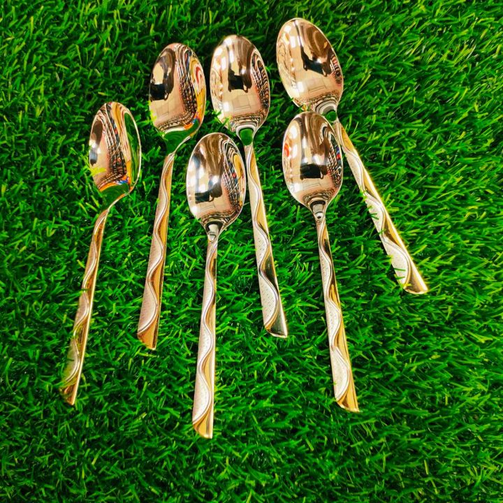 6 Pcs Tea Spoon Set High Quality Stainless Steel Silver With Golden ...