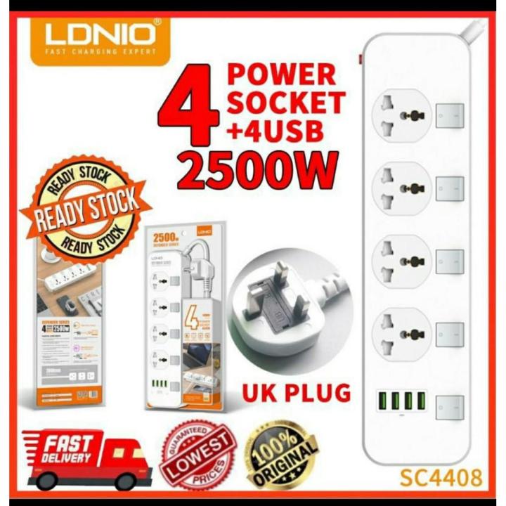 LDNIO SC4408 , 4 Universal Power sockets & 4 usb, UK Plug,10A 2500W extension power socket power ...
