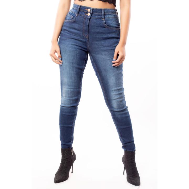Deja Trends High Waist Straight Slim Fit Shiny Blue Dual Button Denim ...