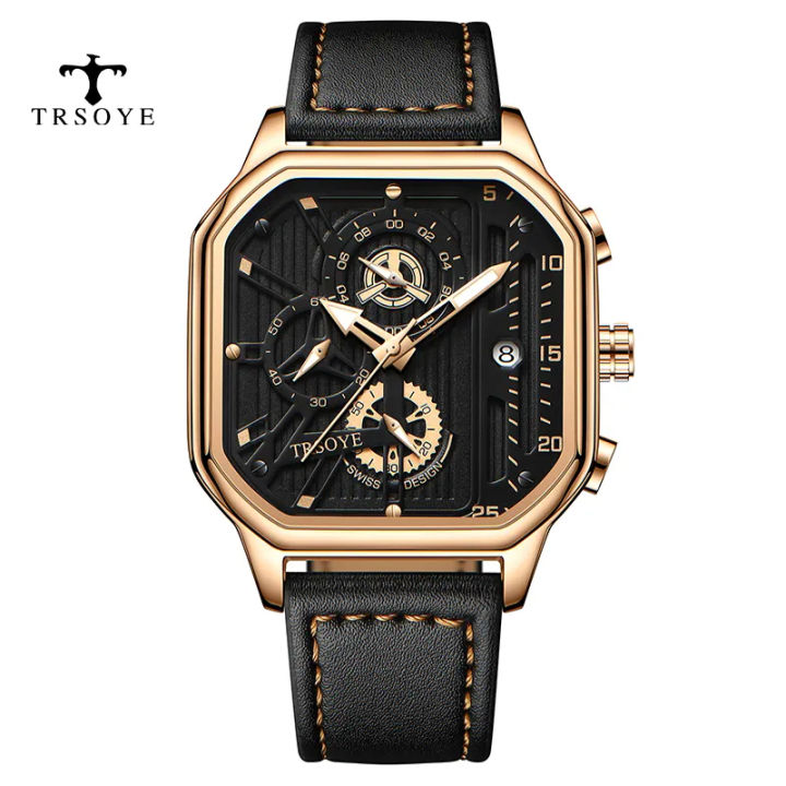 TRSOYE New Design Black Steel Quartz Watch for men Date Square ...