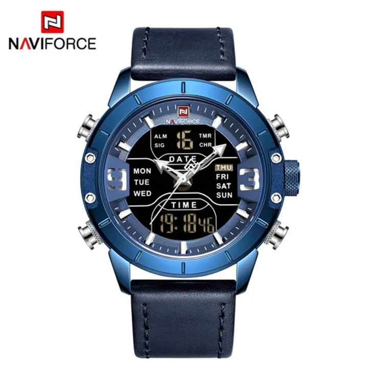 NAVIFORCE NF9153 Navy Blue PU Leather Dual Time Wrist Watch For Men ...