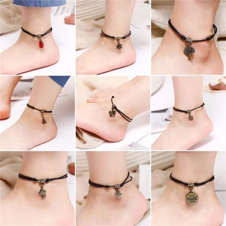 Women Bohemia Retro Pendant Anklet Fashion Simple Red Black Braided ...