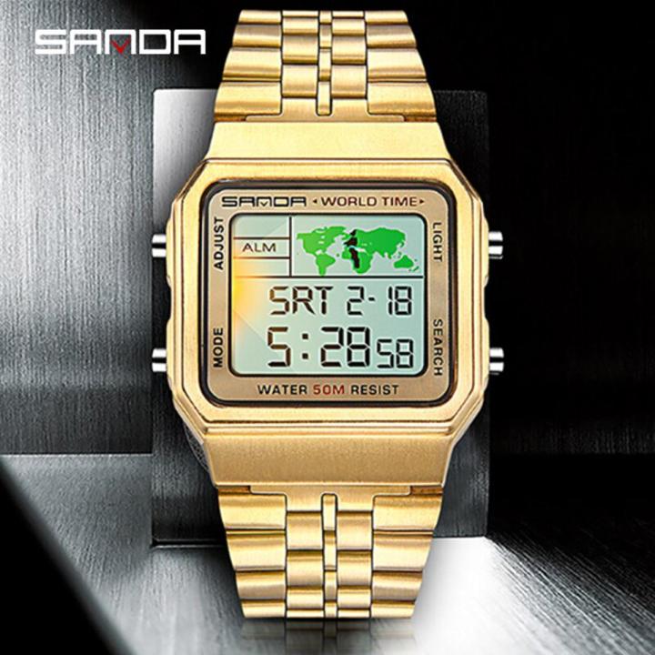 SANDA Fashion New World Map Digital Wristwatch Multifunctional Square ...