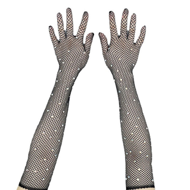 Black White Red Long Mesh Gloves With Rhinestones Hollow Fishing Net ...