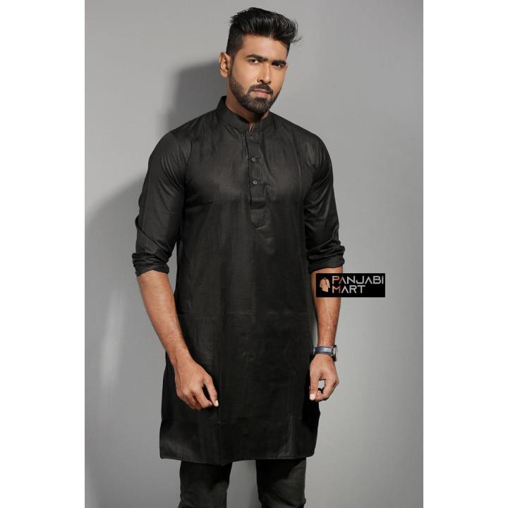 Elegant Outfit Black Peyaj Cotton (Silk Type) Semi Long Panjabi For Men ...