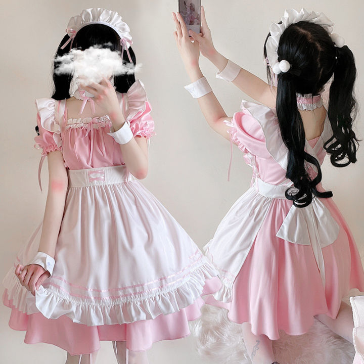 Japan pink maid outfit short sleeve loli maid dress cosplay anime cos ...