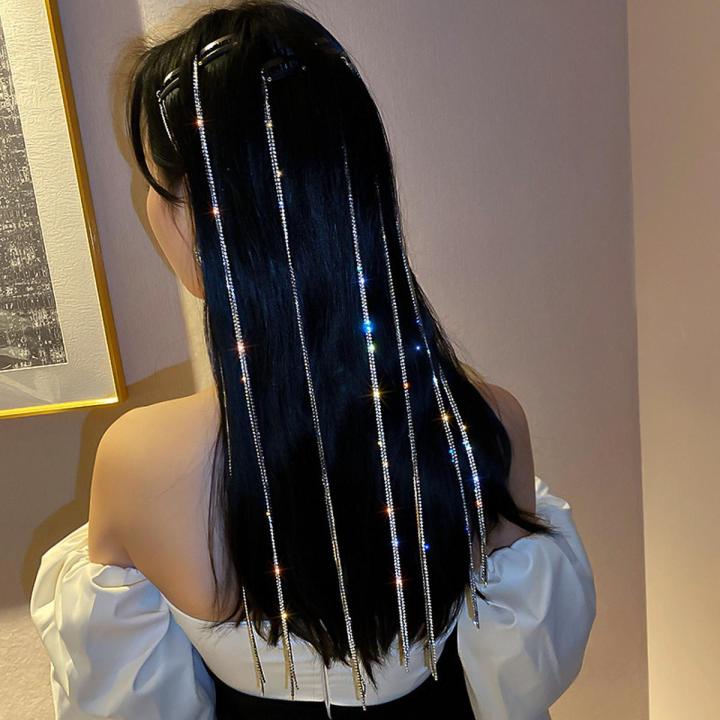 Women Luxury Rhinestone Tassel Long Chain Hair Clip / Girls Ponytail ...