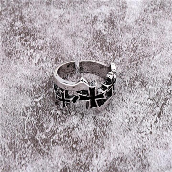 【VisioN Shop】1PC Gothic Punk Feather Multiple Cross Open Ring Men Vintage Metal Engraving Totem ...