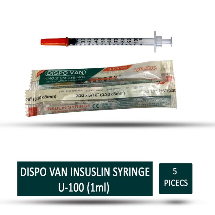 5 Pieces Dispovan 1 ml Insulin Syringe U-100 Needle size 30GX5/16”/ 0. ...