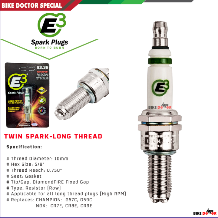 E3 High Performance 10mm Motorcycle Spark Plug E3.38 Long Thread Raw ...