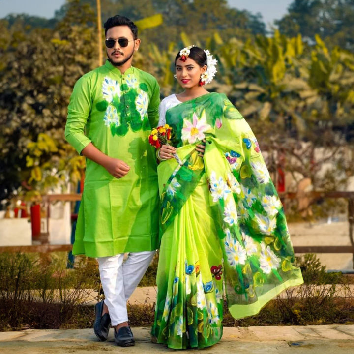 New Exclusive Designer Half Silk Hand Print Saree And Dhupian Panjabi ...