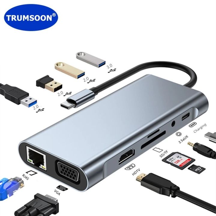 Trumsoon USB C Hub RJ45 Ethernet 4K HDMI-Compatible VGA Type C PD USB 3 ...