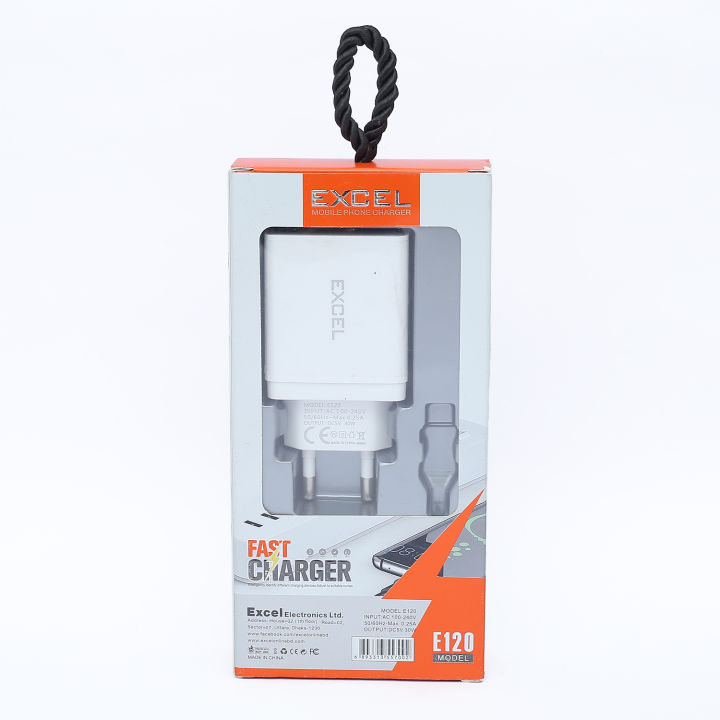 Excel E120 PD 30W QC 3.0 High Quality Type-C fast charger with cable ...