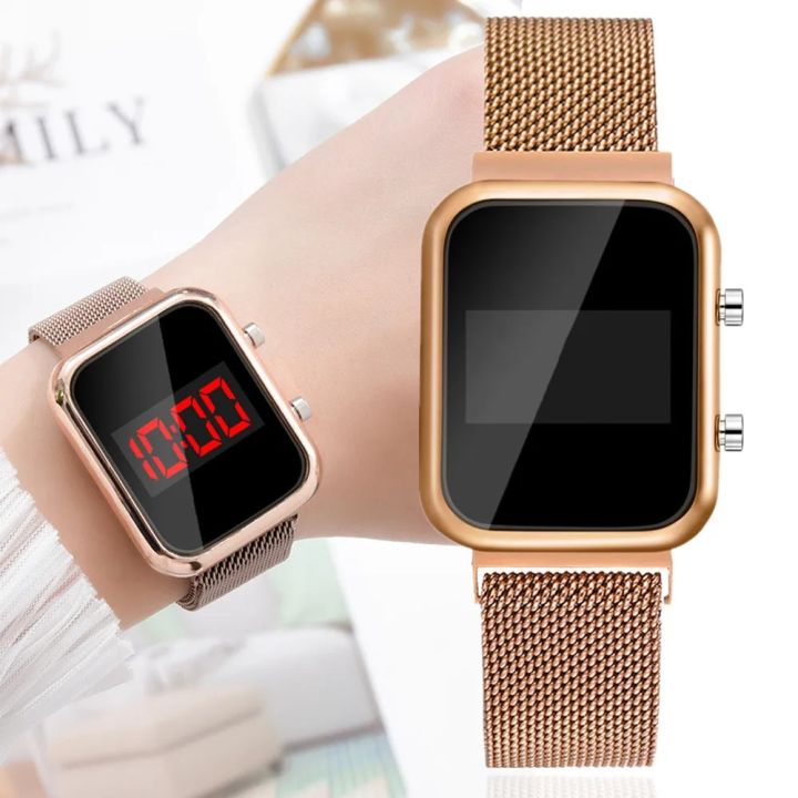 Luxury Rose Gold Stainless Steel Women's Watch Digital Magnet Watches ...