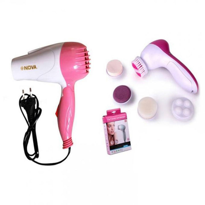Combo of Hair Dryer and 5 in 1 Facial Messenger - White and Pink - Hair ...