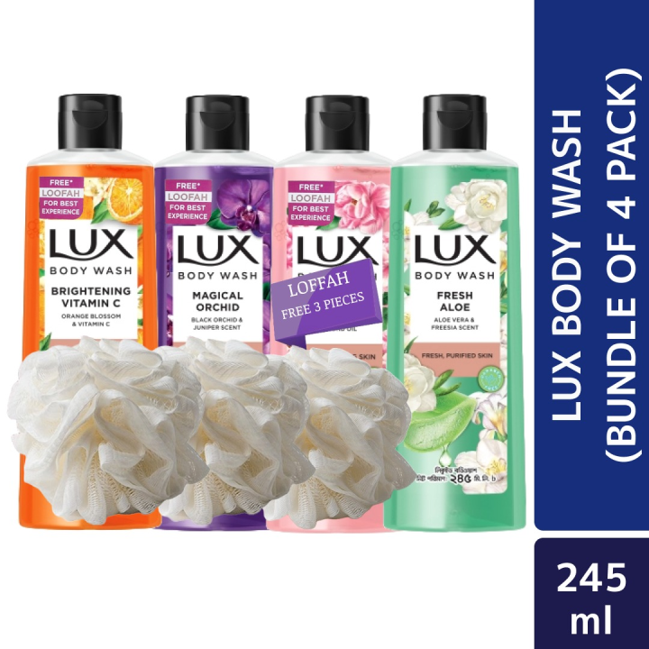 Lux Body Wash 245ml (Bundle of 4) (Free Loofah) | Daraz.com.bd