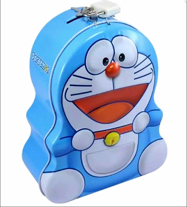 Blue Doraemon Cartoon Metal Kiddy Piggy Bank Coin Box with Lock | Daraz ...