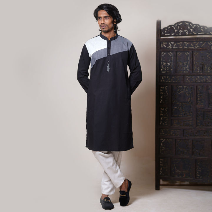 Fashionable Black Color Embroidery & Media Block Design Panjabi | Daraz ...