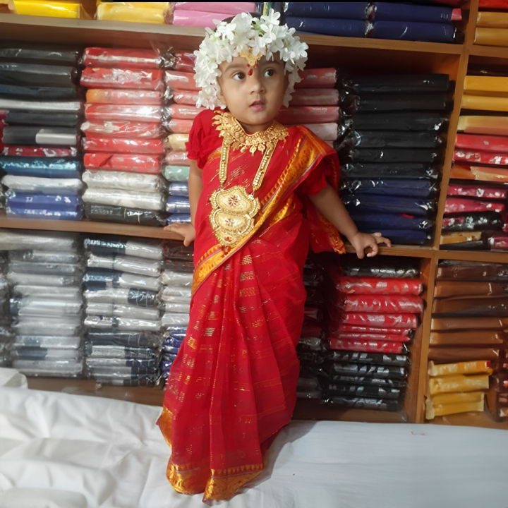 Fully Cotton 5 hands baby Saree for child-Red color | Daraz.com.bd