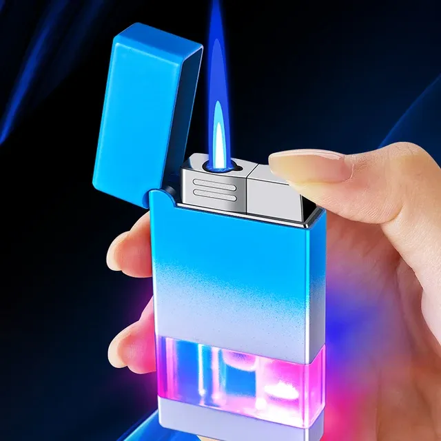 Windproof Jet Flame Lighter With LED Colorful Light Straight Blue Fire ...