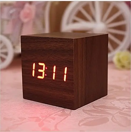 Alarm Clock LED Wooden Watch Table Voice Control Digital USB Powered ...