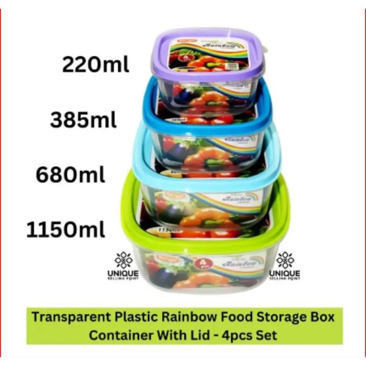 Transparent Plastic Rainbow Food Storage Box Container With Lid - 4pcs ...