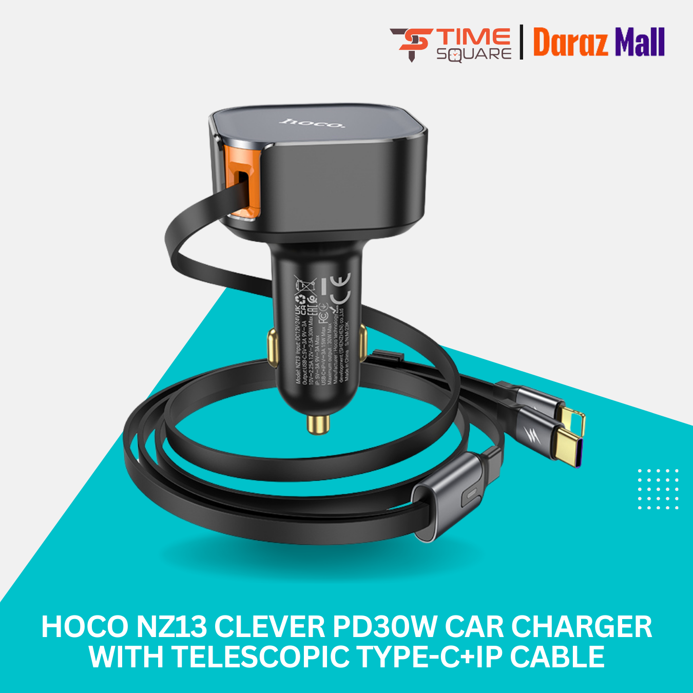 hoco NZ13 Clever PD30W Car Charger With Telescopic Type-C+iP Cable ...