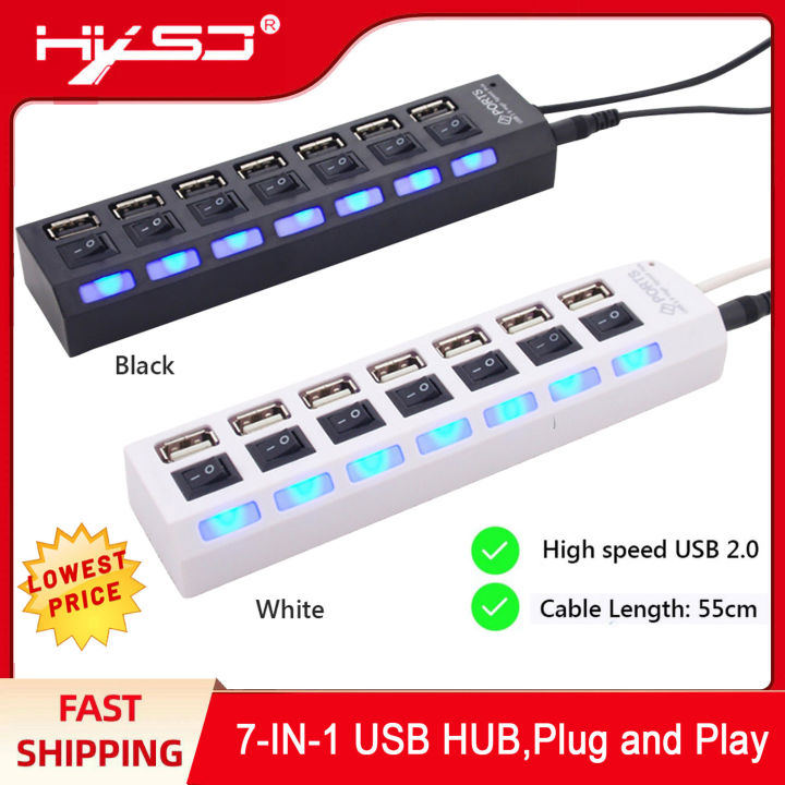 HXSJ Hot USB Hub 7 Port USB 2.0 Independent Switch Indicator High Speed ...
