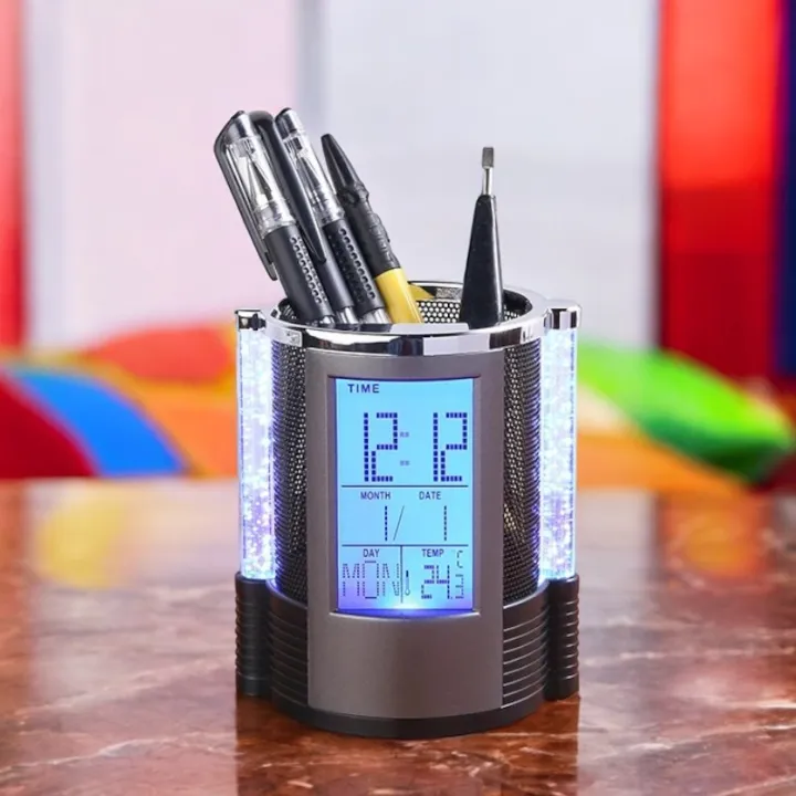 "Desk Organizer with Digital LCD Clock & Bubble LED Lights - Gift ...