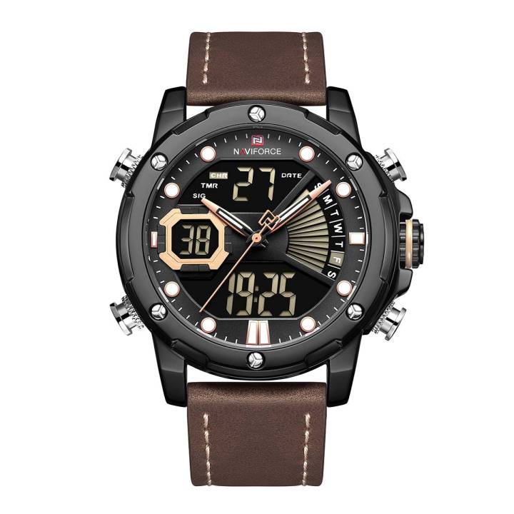 NAVIFORCE NF9172 Dark Brown PU Leather Dual Time Wrist Watch For Men ...