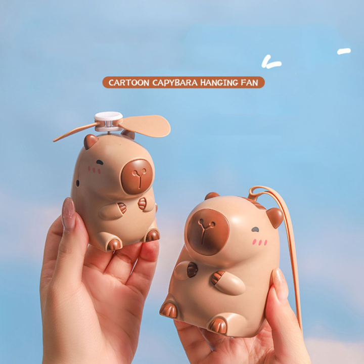 New Kawaii Capibara Hanging Neck Fan Mini Cartoon Brown Handheld Fans ...