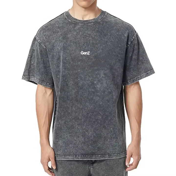 GenZ Branded Solid Black Grey Acid Washed Cotton Drop Shoulder ...