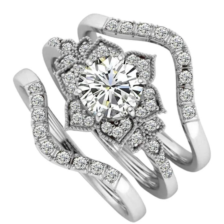 3Pcs/Set Ring Sets Flower Shape Exquisite Jewelry Ladies Bridal ...