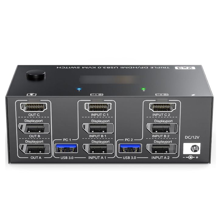 USB 3.0 KVM switch with three inputs, two outputs, and dual monitors ...