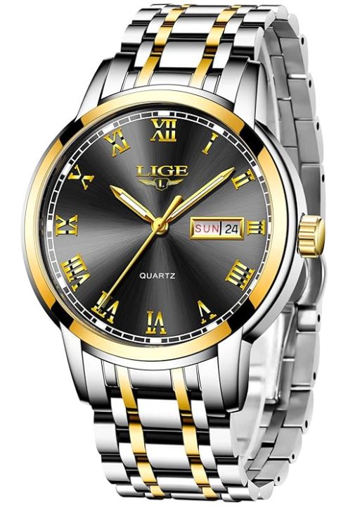 LIGE 9846 Stainless Steel Analoge Quartz Watch for Men - Silver Golden ...