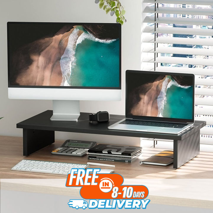 Monitor Stand – Extended Shelf Computer Monitor Riser, Wood Desktop ...