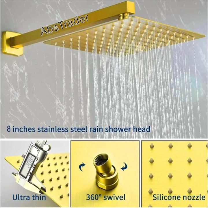 8x8" Inch Golden Shower Head With 15" Golden Pipe (FULL SET) Rain ...