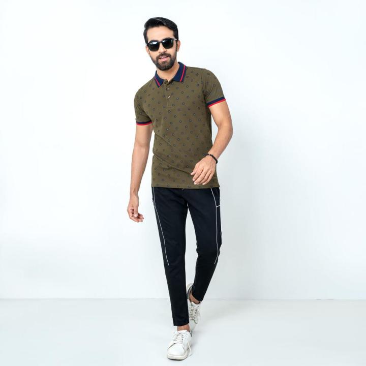 Oxygen Mens Olive Color Printed Slim Fit Short Sleeve Polo | Daraz.com.bd