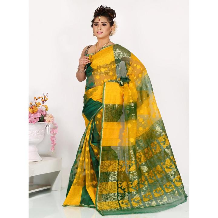 Green and Yellow Check Saree for Women (Silk Jamdani Saree) | Daraz.com.bd