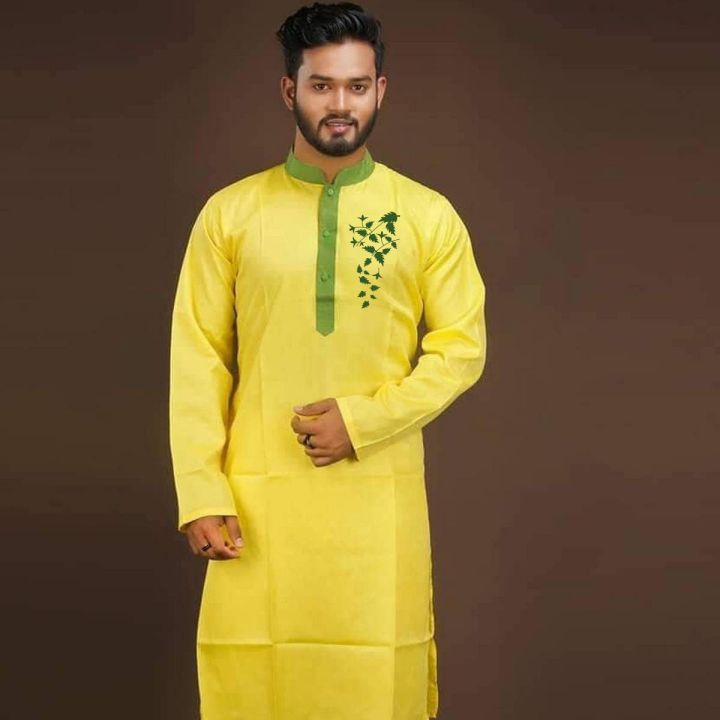 Stylish Semi Long Yellow Printed Cotton Punjabi for Men Panjabi New ...