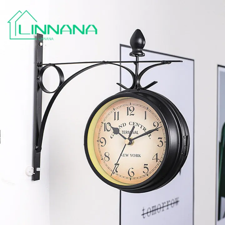 Metal Wall Clock European Style Double-sided Wall Clock with Iron Rack ...