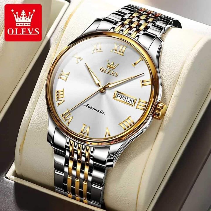 OLEVS 9979 Silver & Golden Two Tone Stainless Steel Analog Wrist Watch ...