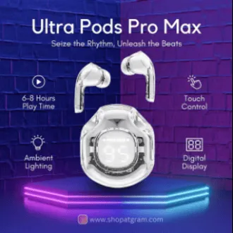 Ultrapods Max Bluetooth 5.3 Wireless Earbuds with LED Transparent ...